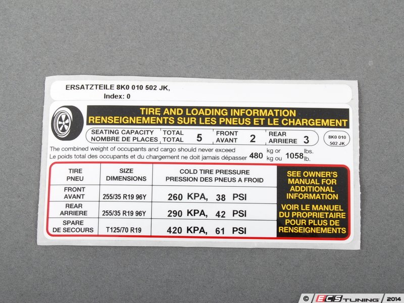 Genuine Volkswagen Audi - 8K0010502ML - Tire & Loading Information ...